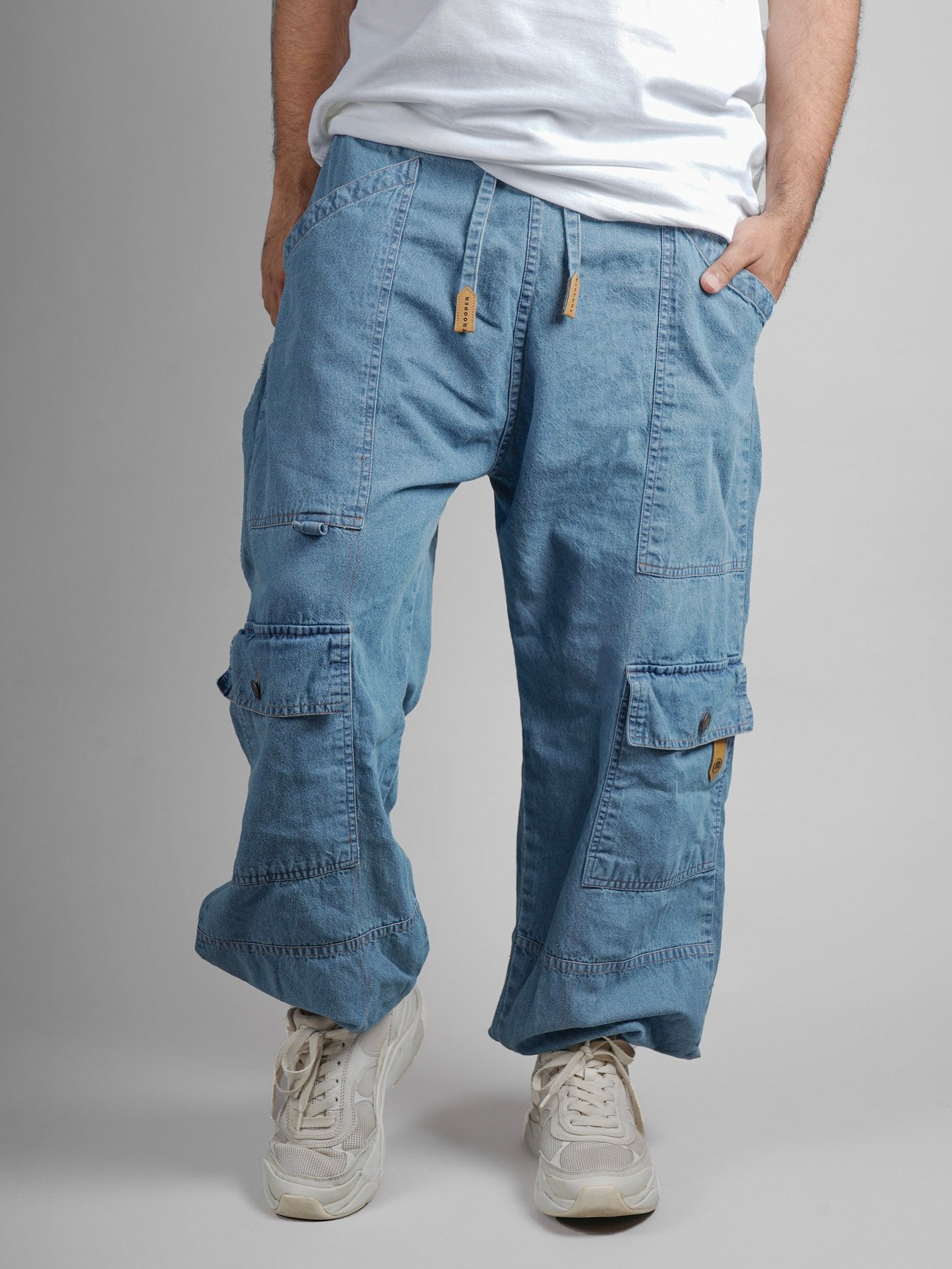 Stone Washed Light Blue Denim Cargo - Unisex Hoppers For Men And Women