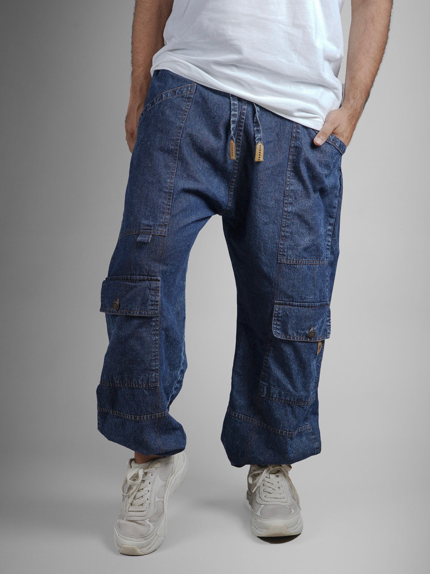 Stone Washed Dark Blue Denim Cargo - Unisex Hoppers For Men And Women